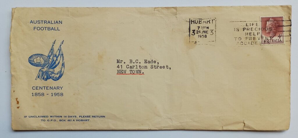 1958 ANFC – Australian Football – Envelope & Letter to Brian Eade ...